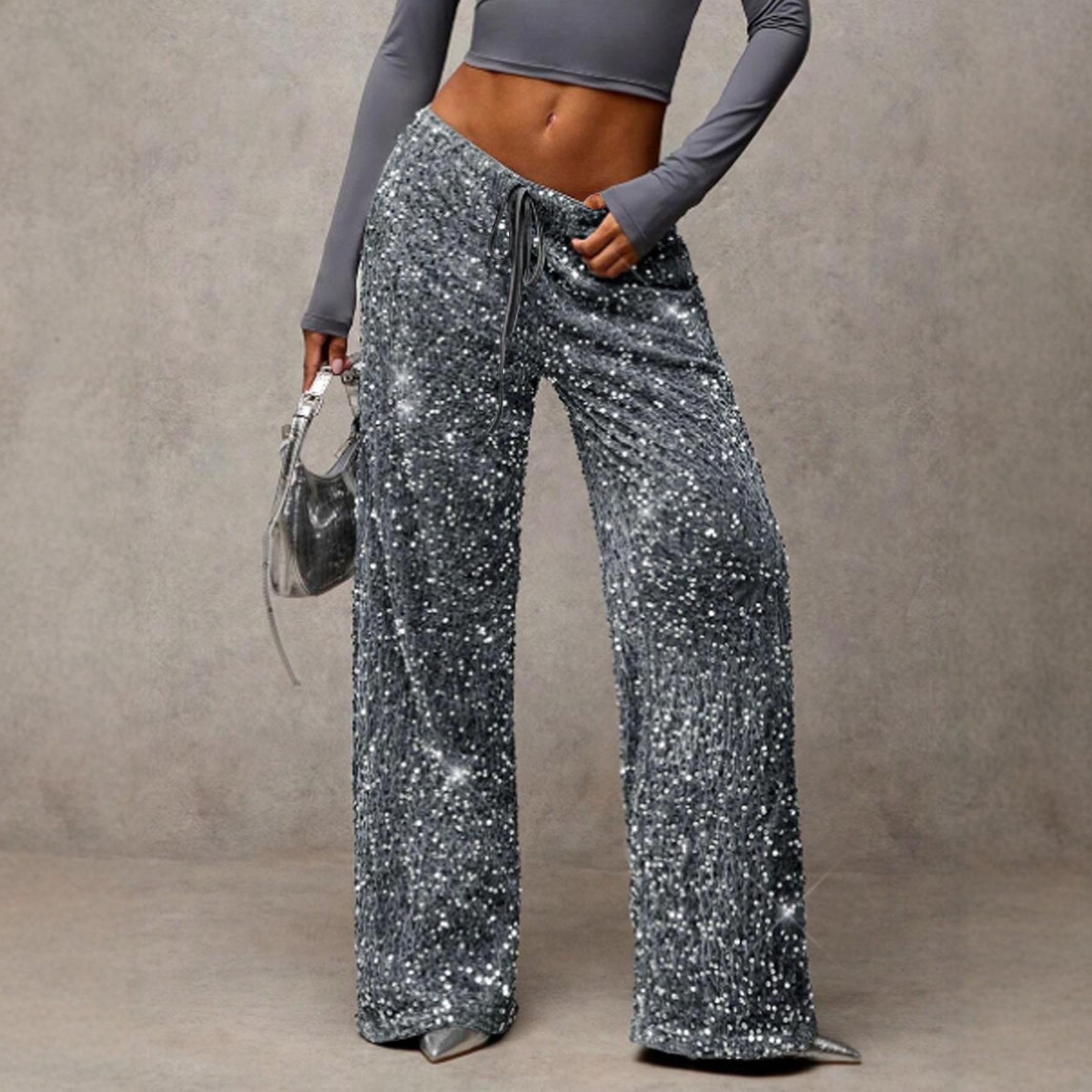 💖LAST DAY SALE 50% OFF💃Women's Sequin Sparkle Wide Leg Pants with Elas ...